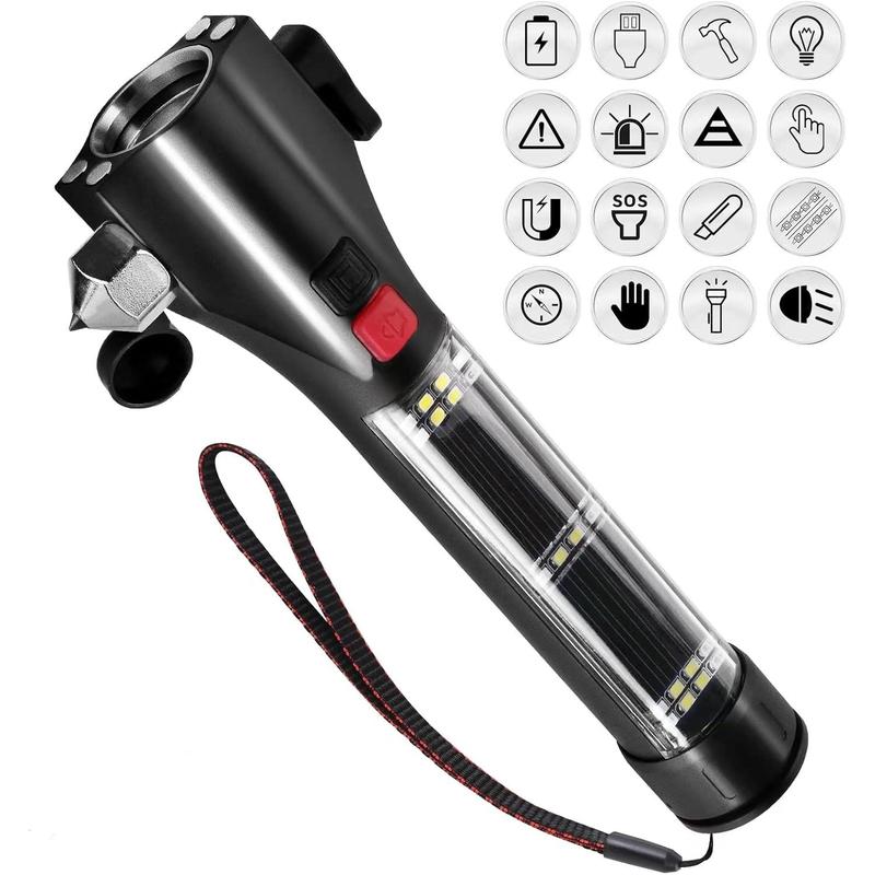Solar Safety Hammer Flashlight with Seatbelt , LED High Lumens, Red and ...