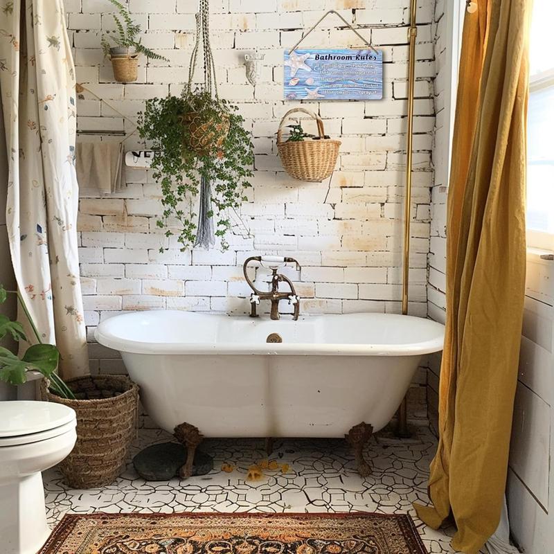 TikTok Shop Beach Bathroom Wall Decor Ocean Themed Bathroom Accessories Summer Decorations for Home Sea Themed for Tailet Beachy Bathroom Decor Coastal Bathroom Accessories Bathroom Rules Sign 12x6 In...