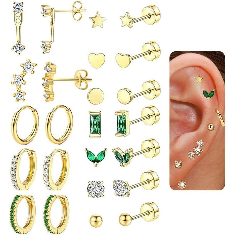 12Pairs Dainty 16K Gold Flat Back Earrings Hypoallergenic Cartilage ...