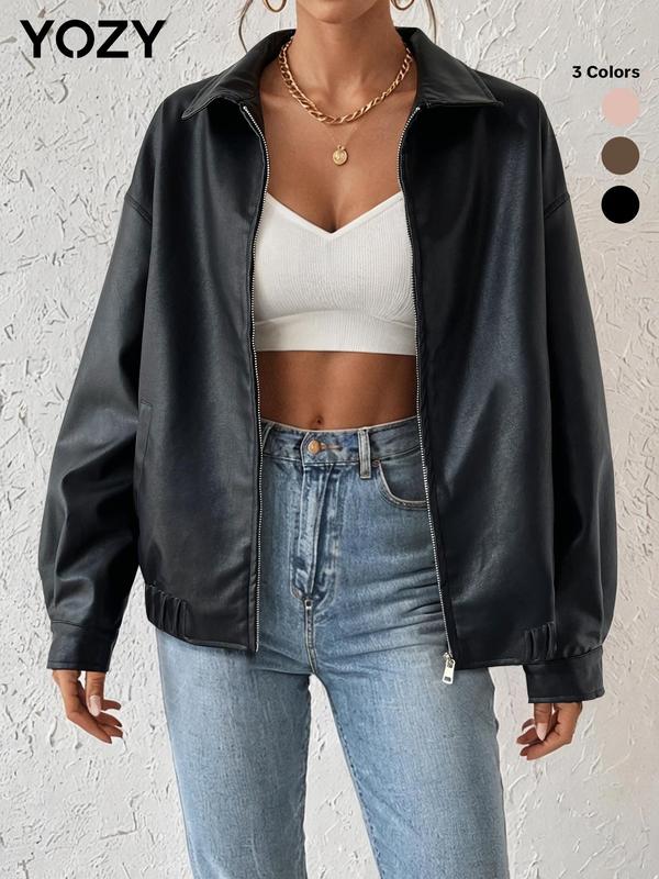 YOZY Women's Solid Pocket Zip Up Pu Leather Coat, Casual Dro - TikTok Shop