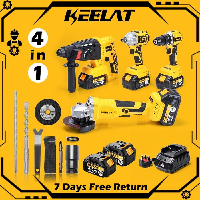 Promo 【KEELAT】 Combo Set 4 IN 1 Brushless Motor Cordless Drill+Angle ...