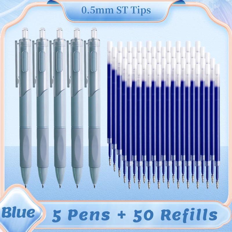 Blue Ink 5 Gel Pens + 50 Quick-Dry Refills 0.5mm ST Tip Smooth Writing ...