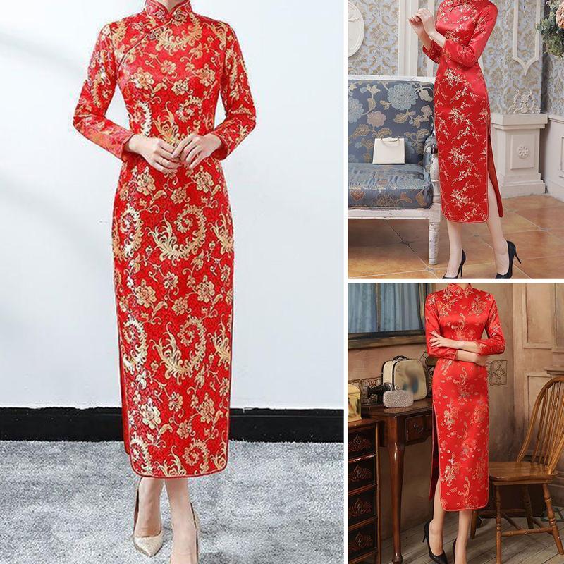 Kionjug-Women Cheongsam Elegant High Slits Long Cheongsam Classic ...