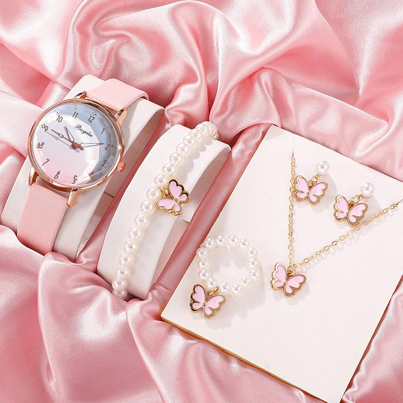 Set Jam Tangan Kuarza Wanita, 5PCS, Set Rama-rama, Dail Kecerunan ...