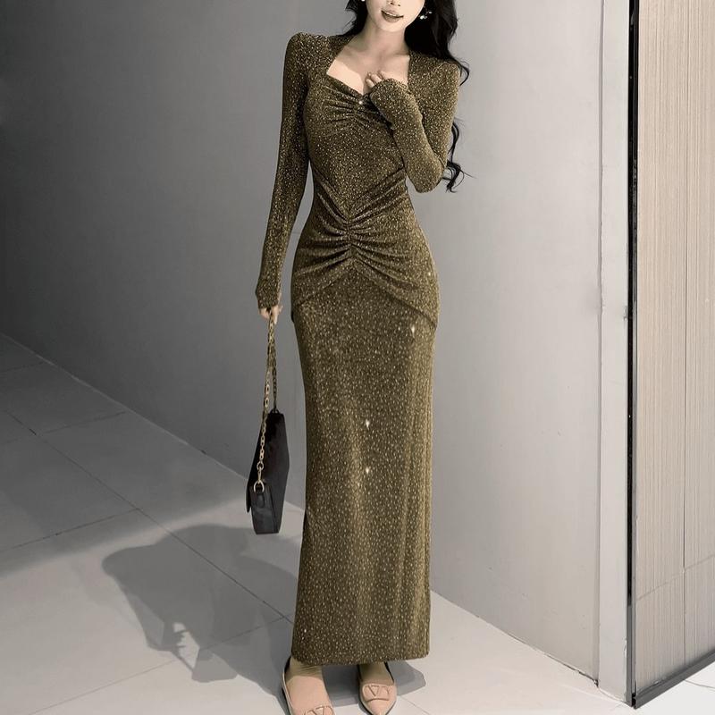 Gaun Elegan, Emas Champagne Fesyen, Seksi dan Cantik, Gaun Hijau ...