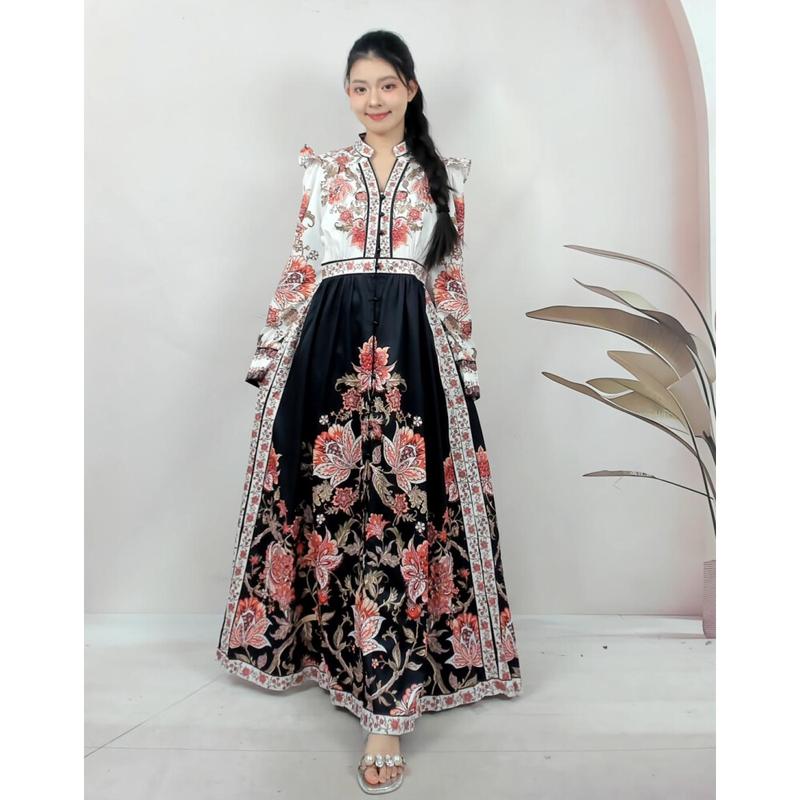 FADFAD【ready stock】 Gaun Motif Retro Rok A-line Kancing Sebaris - Shop ...