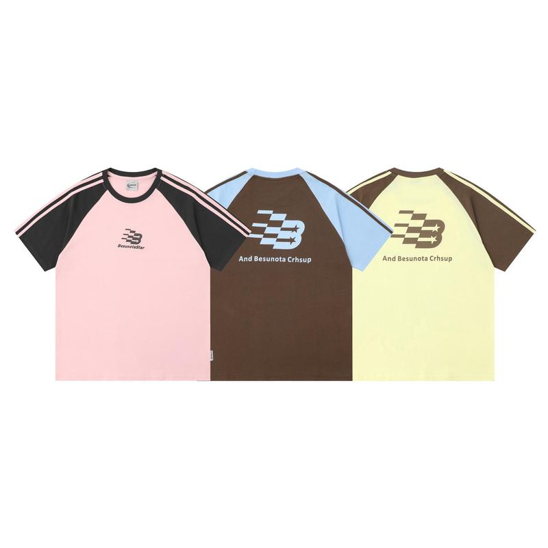 American-Style Retro Raglan Sleeve T-shirt in Contrast Color Sleeve ...