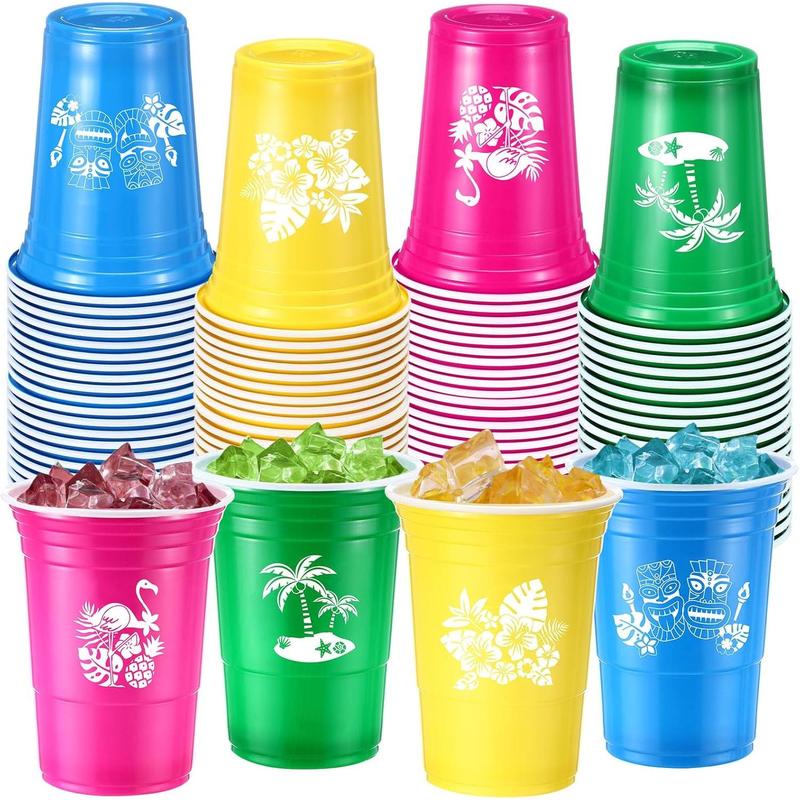 48 count Hawaiian Luau Party Plastic Cups 16 oz Summer Beach Tropical ...