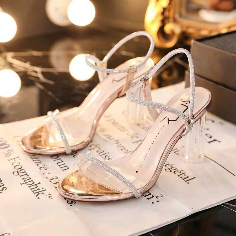 Women's ankle strap sandals 7cm high heels PVC transparent crystal ...