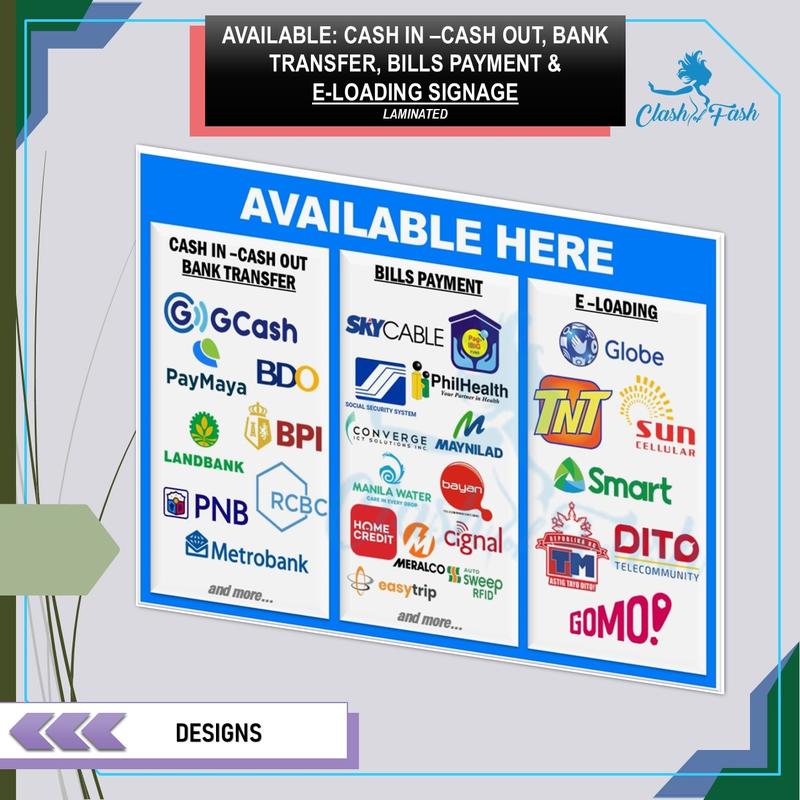 Laminated Signage: CASH IN –CASH OUT, BANK TRANSFER, BILLS PAYMENT ...