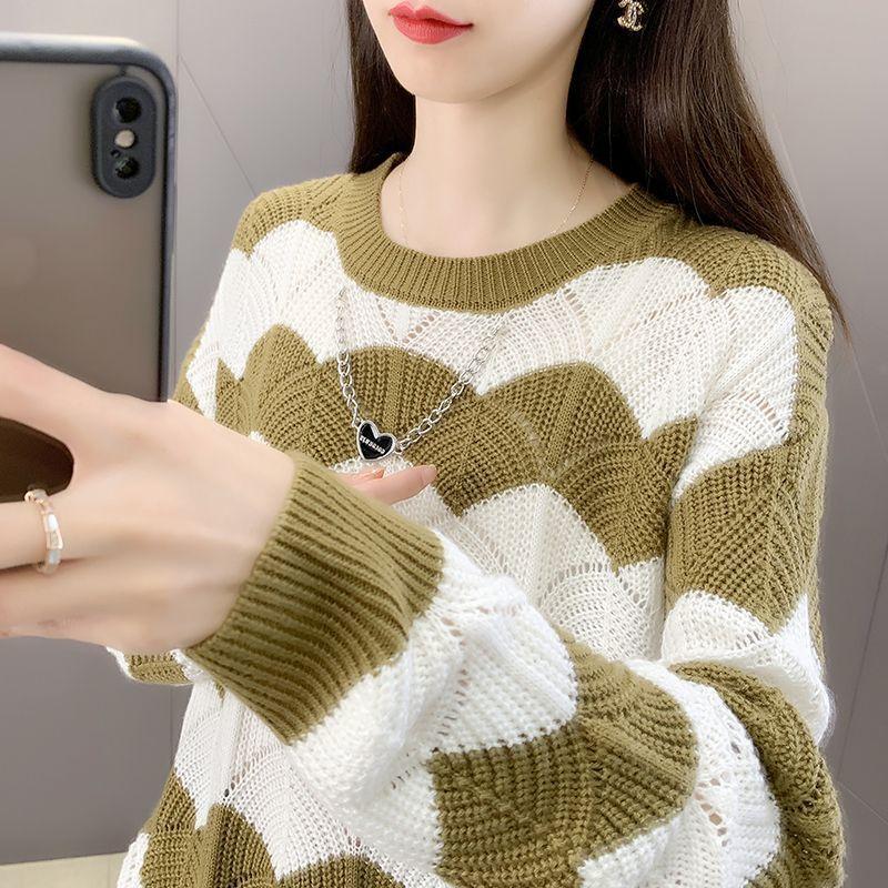 Blaus Wanita, Fesyen Musim Bunga, Sweater Berongga, Leher Bulat ...