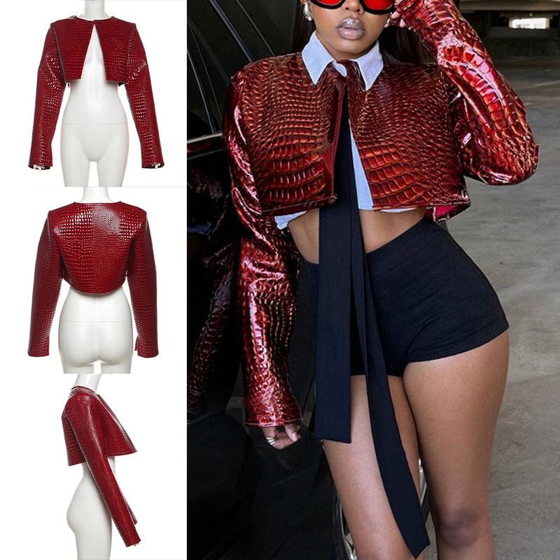 Women Autumn PU Leather Slim Fit Cropped Midriff-baring Jacket Punk ...