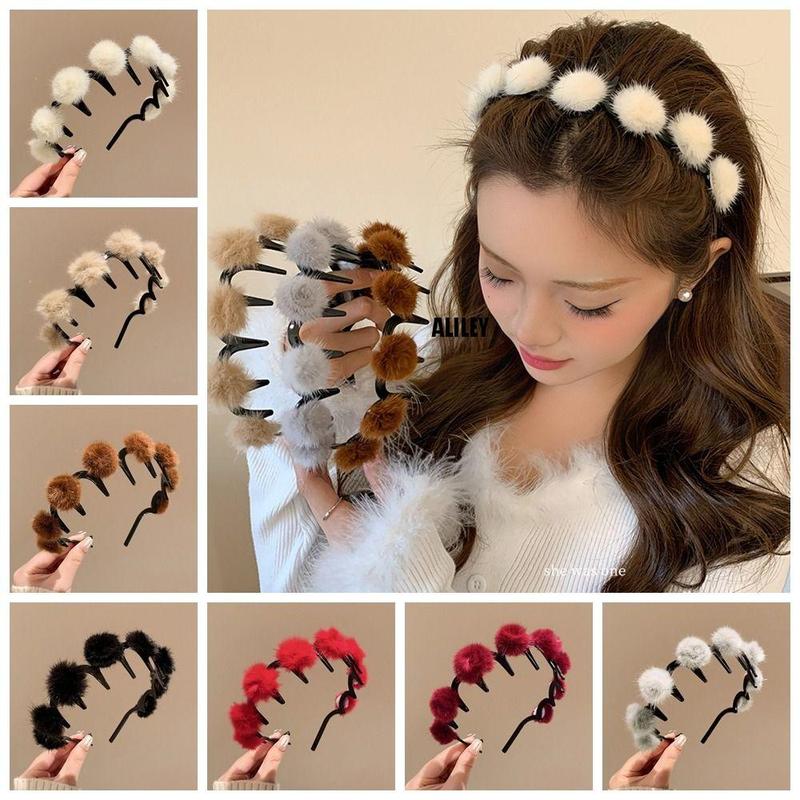 Cute Fluffy Wave Hairball Headband Non-Slip Women Hair Hoop Plastic ...