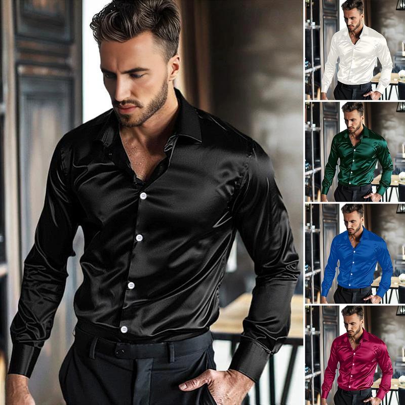 Men's Satin Glossy Shirt Solid Color Long Sleeve Smooth Dres - TikTok ...