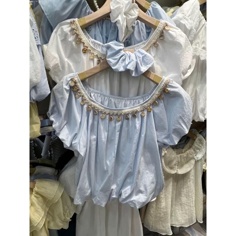 FADFAD Atasan lengan pendek terdapat hiasan cantik dengan ikat - Shop ...