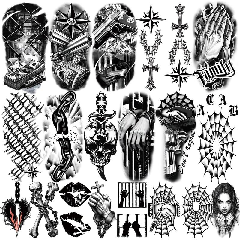 77 Sheets Prison Temporary Tattoos Realistic Adult Gangster Prisoner ...