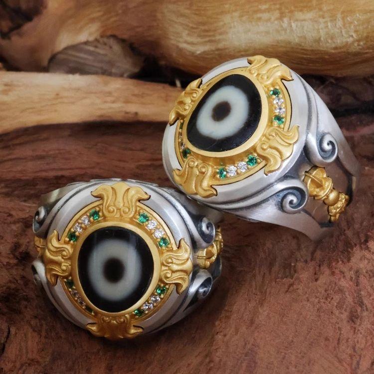 Authentic Tibetan Dzi Bead Inlaid Ring Tibetan Dzi Bead Modified ...
