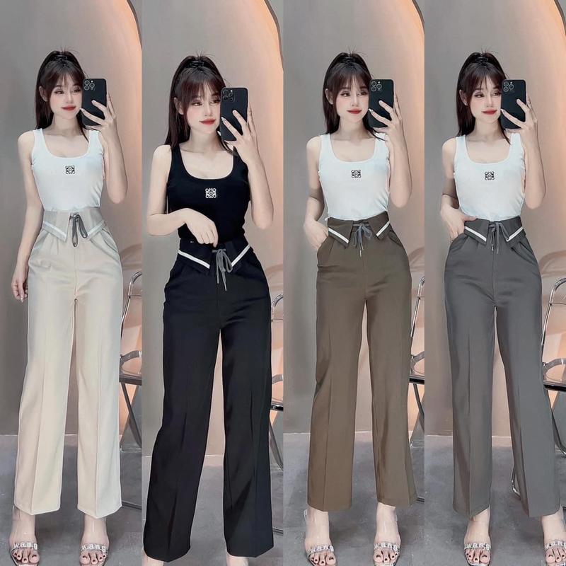 Quần ống suông cạp bẻ lưng cao phối dây rút chất liệu ruby Pants - TikTok Shop Vietnam
