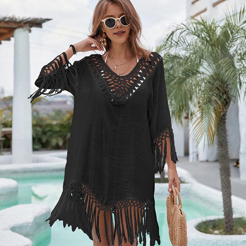 Envsenrti V-neck Drop Sleeve Cover Up Fringed Cuffs Beach Dress ...