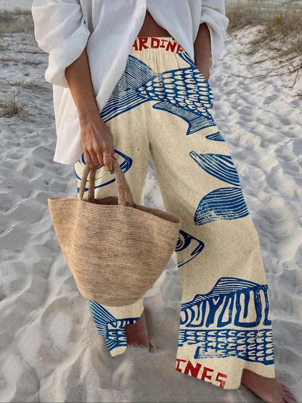 Women's Fish Print Pocket Wide Leg Pants, Boho Casual Comfy Trousers ...