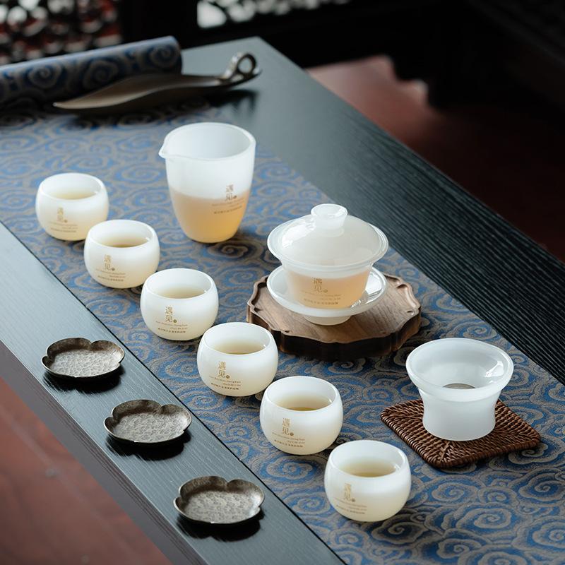 Set Teh, Bahan Kaca, Porselin Jed Putih, Cawan Teh Kecil, Mangkuk ...