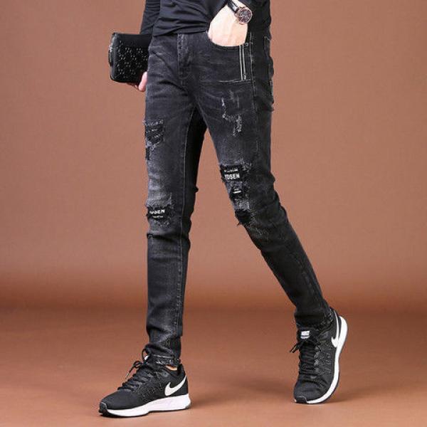 Seluar Jeans Lelaki, Hitam Koyak, Jenama Fesyen, Slim Fit, Kurus ...