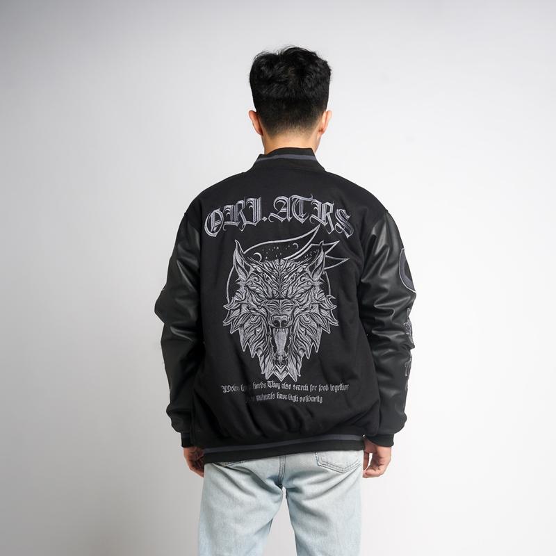 Orijiattires Jaket Varsity Pria Wanita Wolf Black Full Bordir Fleece ...