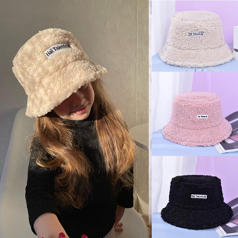 Children Winter Warm Bucket Hat Solid Letter Lamb Wool Baby Girl ...