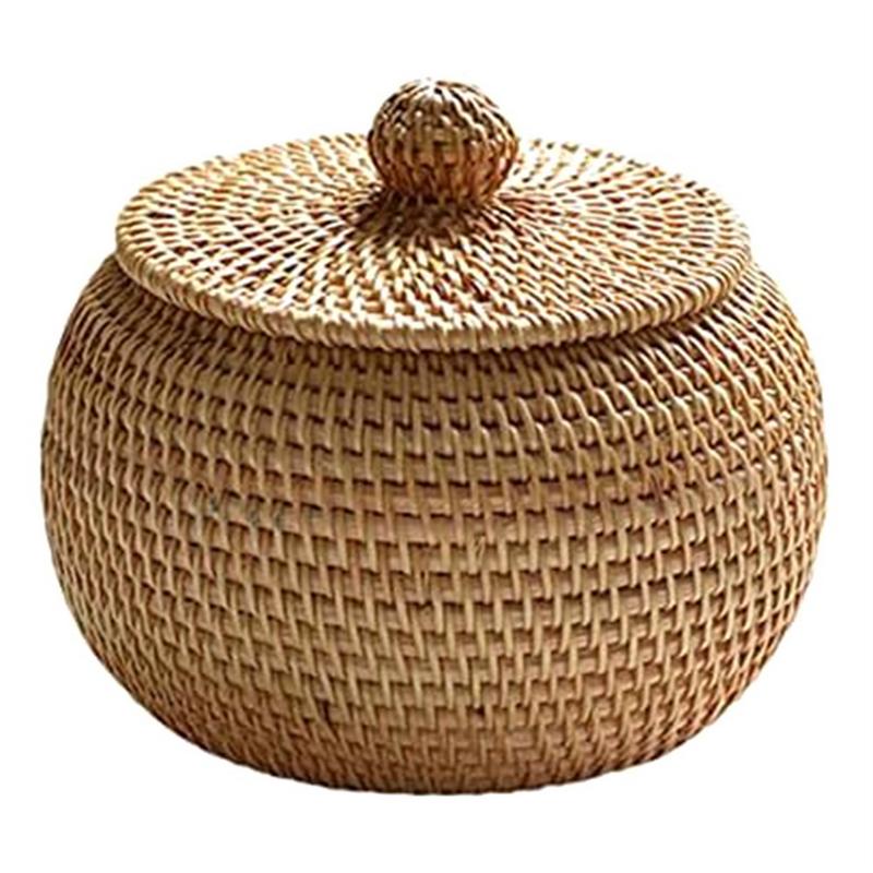 Kotak Rotan Bulat dengan Penutup, Kotak Penyimpanan Tenunan Tangan ...