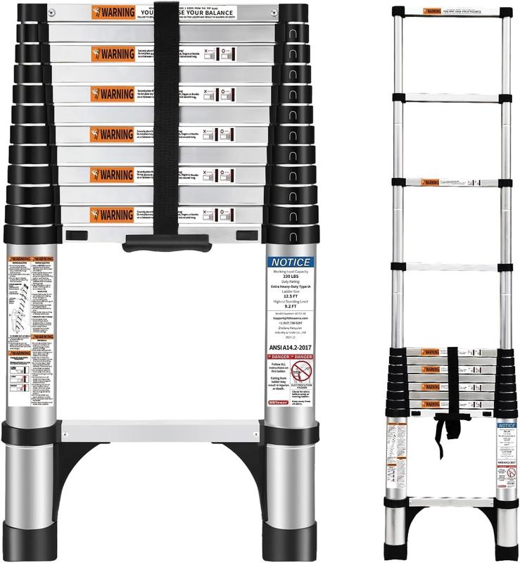 Telescoping Extension Ladder, 12.5 Ft Aluminum, Button Retraction ...
