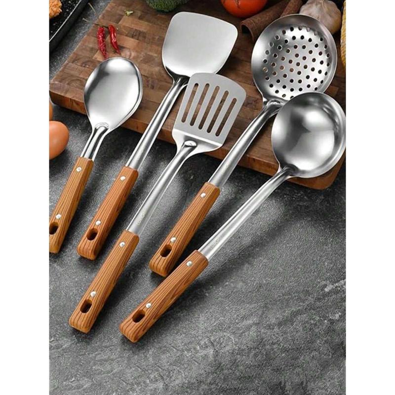 5pcs Stainless Steel Heat-resistant Wood Grain Handle Cookin - TikTok ...