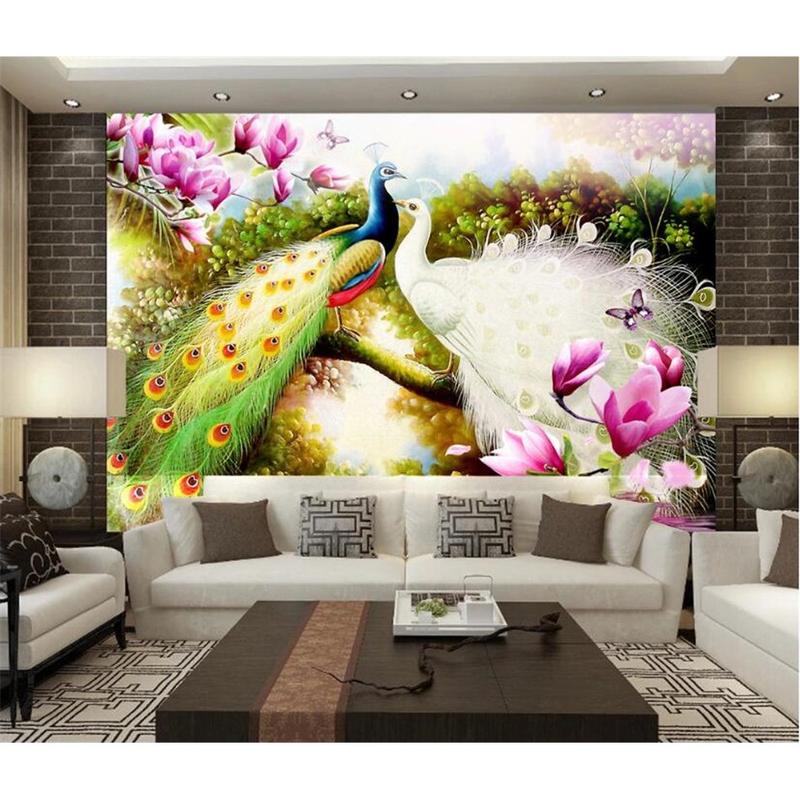 Mural Disesuaikan, Kertas Dinding Merak Bunga Magnolia 3D, Untuk ...