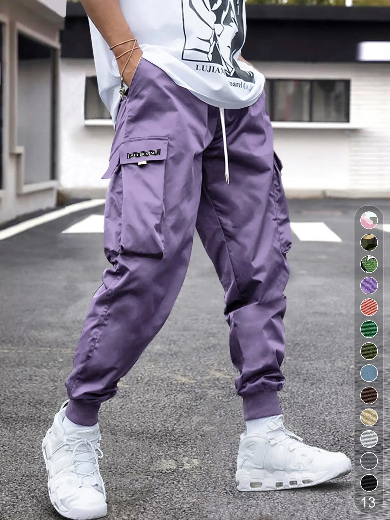 Men's Plain Loose Patched Flap Pocket Drawstring Waist Cargo Pants ...