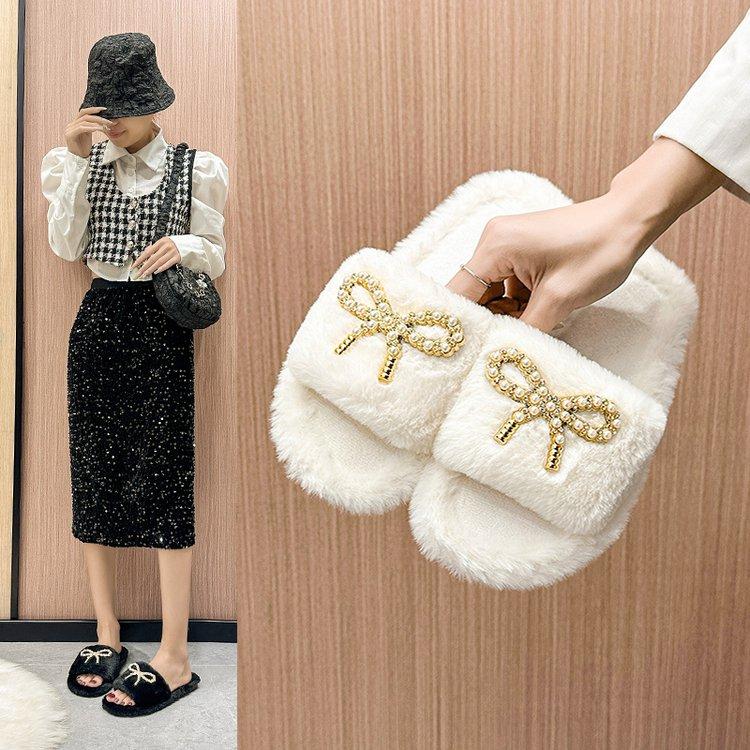 One-Word Fleece-Lined Fluffy Cotton Slippers Female 2025 Autumn ...