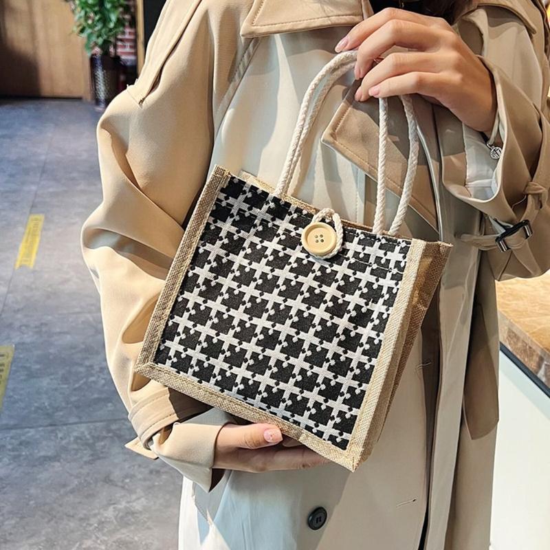Beg Tangan Kanvas Fabrik Linen, Mudah Alih, Dengan Butang, Boleh ...