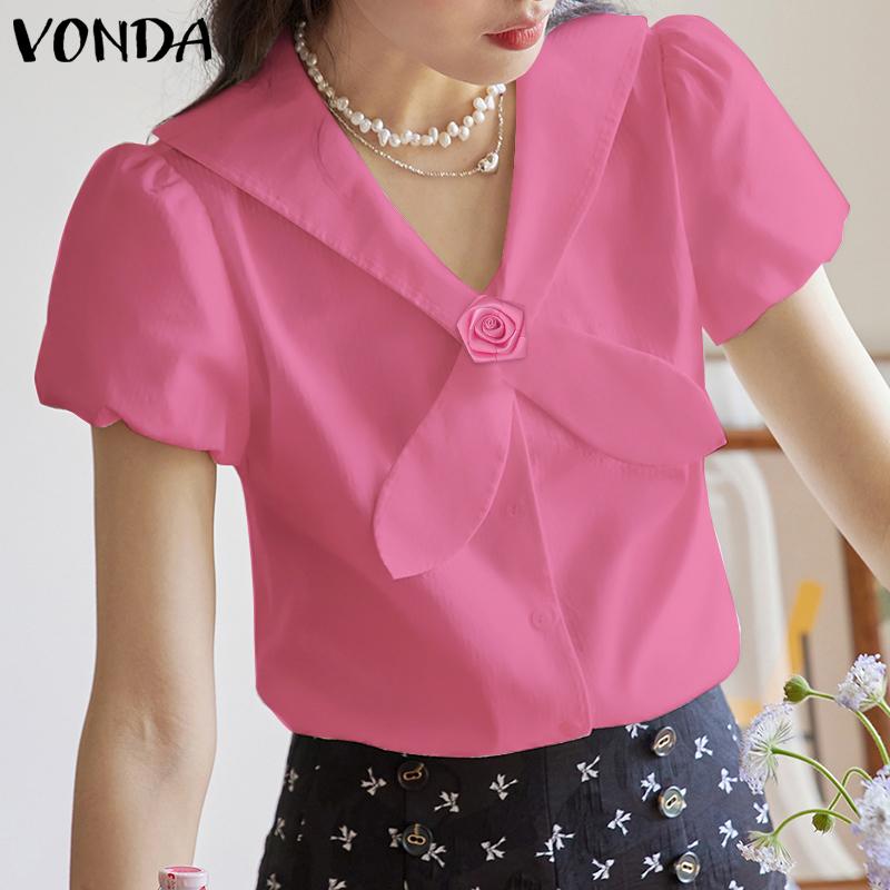 VONDA Women's Ladylike Style V-Neck Tie Design Puff Sleeve Blouses ...