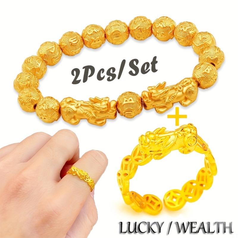 2pcs Men's Lucky Charm Opening Coin Pixiu Ring + Beads Bracelet ...