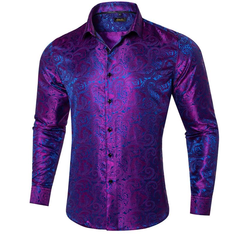 Luxury Purple Paisley Polyester Shirts for Men Long Sleeve Wedding ...